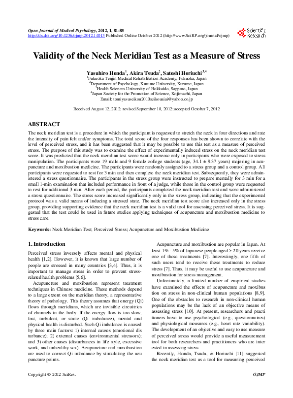 (PDF) Validity of the Neck Meridian Test as a Measure of Stress | Akira ...