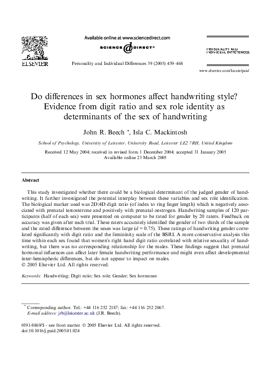 Pdf Do Differences In Sex Hormones Affect Handwriting Style Evidence