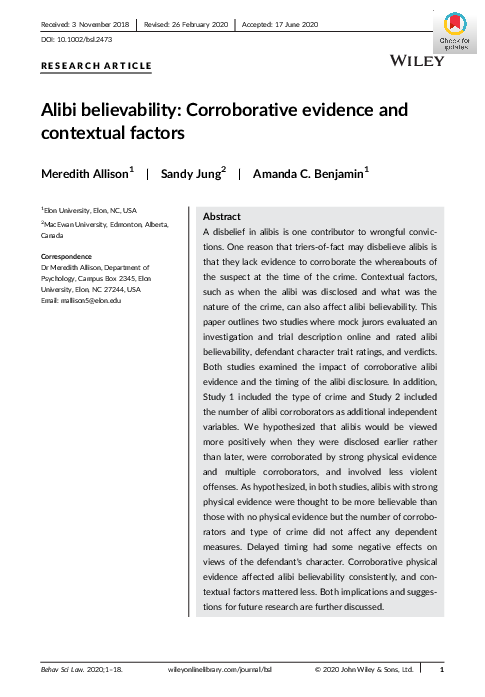 (PDF) Alibi believability: Corroborative evidence and contextual factors