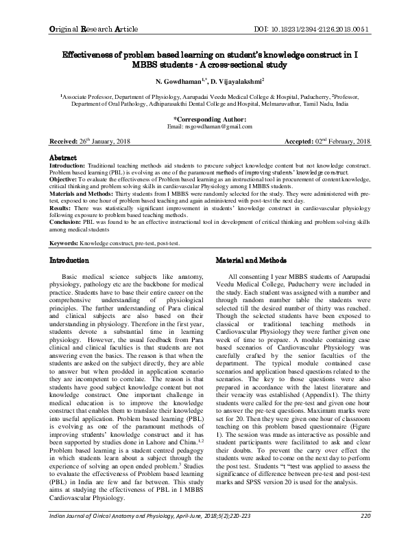 (PDF) The Effectiveness of Problem-Based Learning on Students' Critical Thinking