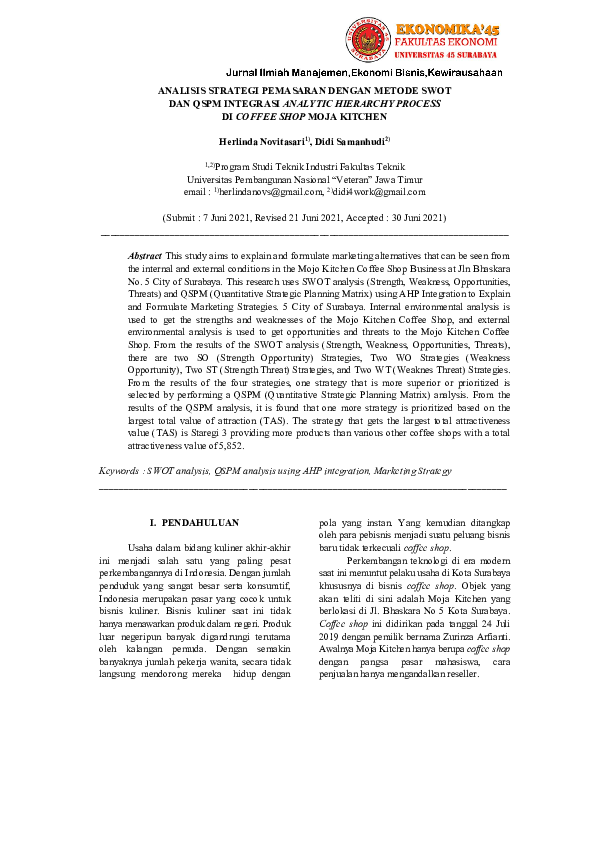 (PDF) Analisis Strategi Pemasaran Dengan Metode Swot Dan QSPM Integrasi ...