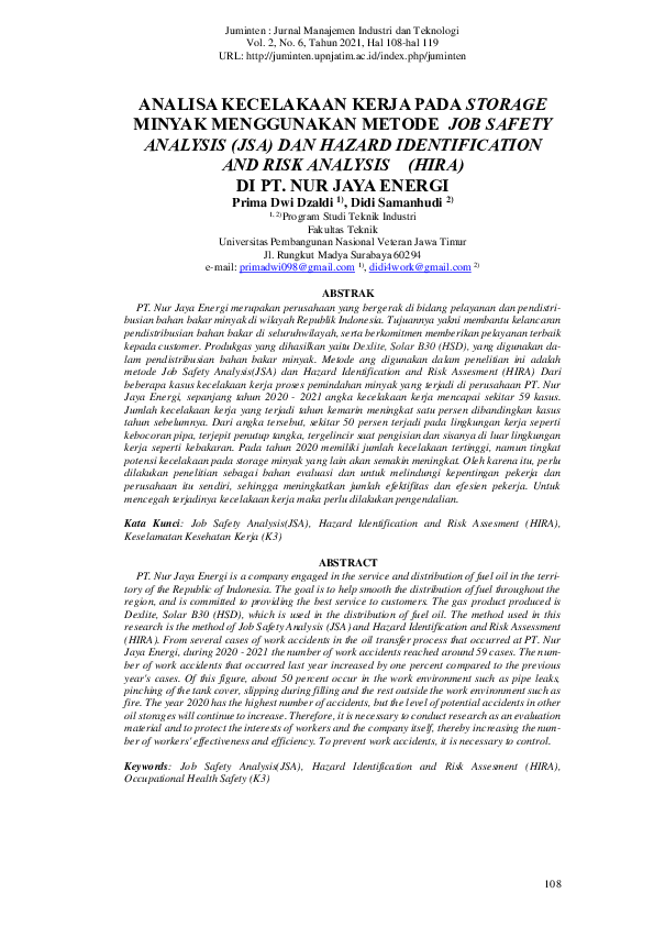 (PDF) Analisa Kecelakaan Kerja pada Storage Minyak Menggunakan Metode Job Safety Analysis (JSA ...