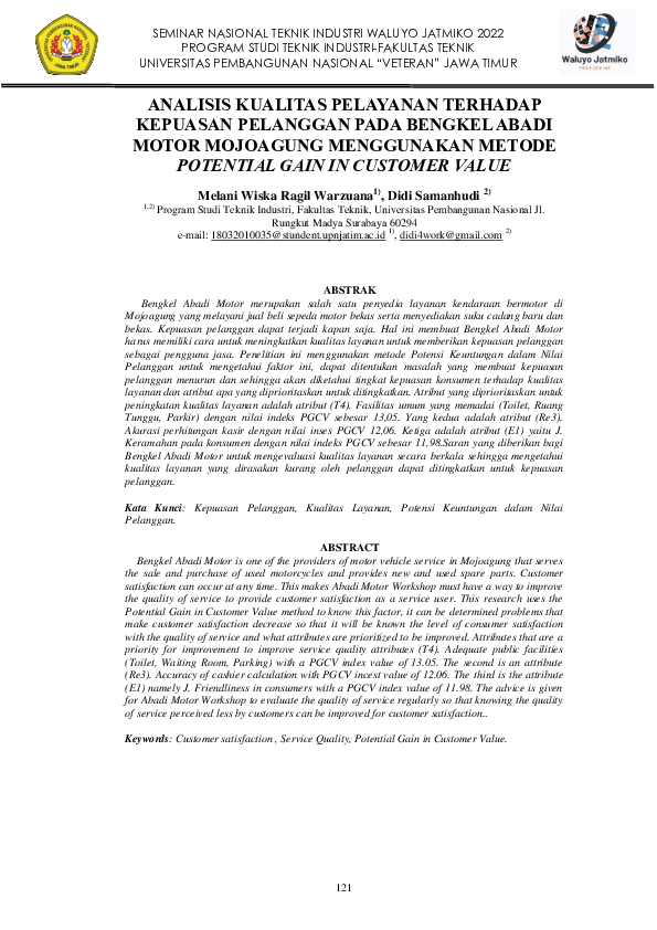 (PDF) Analisis Kualitas Pelayanan Terhadap Kepuasan Pelanggan Pada Bengkel Abadi Motor Mojoagung ...