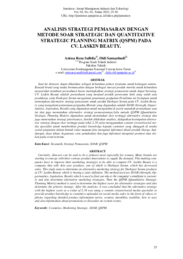 (PDF) Analisis Strategi Pemasaran dengan Metode Soar Strategic dan Quantitative Strategic ...