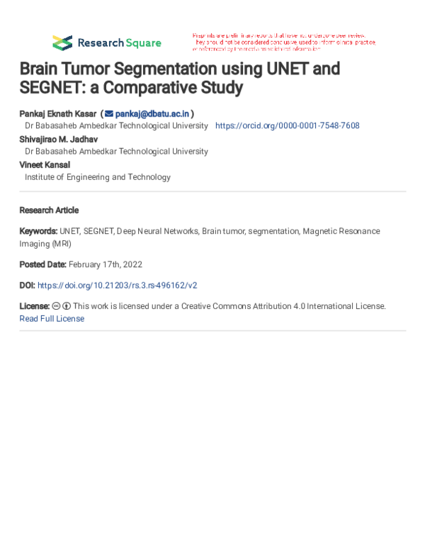 (PDF) Brain Tumor Segmentation using UNET and SEGNET: a Comparative Study