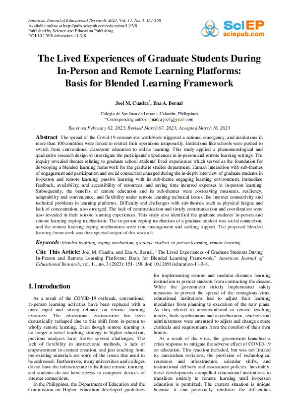 (PDF) The Lived Experiences of Graduate Students During In-Person and Remote Learning Platforms ...
