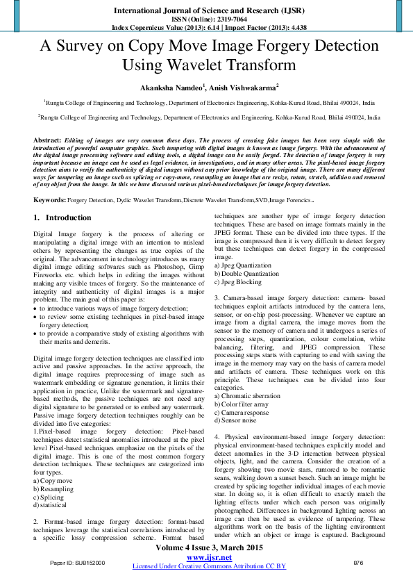 Pdf A Survey On Copy Move Image Forgery Detection Using Wavelet Transform