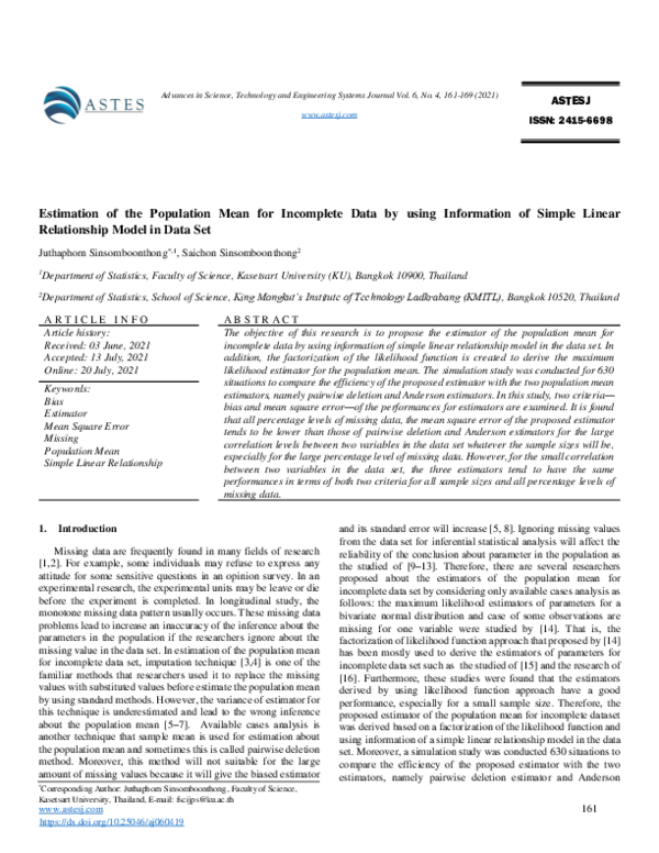 (PDF) Estimation of the Population Mean for Incomplete Data by using ...