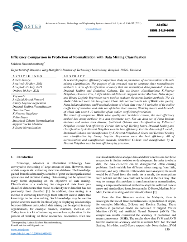 Pdf Efficiency Comparison In Prediction Of Normalization With Data Mining Classification