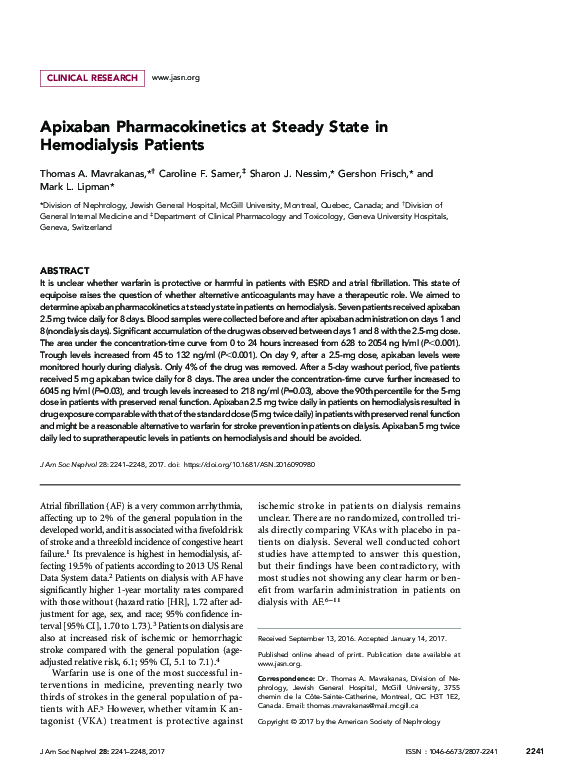 (PDF) Apixaban Pharmacokinetics at Steady State in Hemodialysis Patients