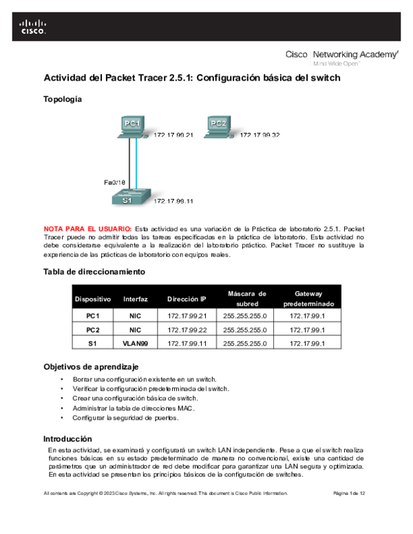 (DOC) Actividad del Packet Tracer 2.5.1: Configuración básica del switch