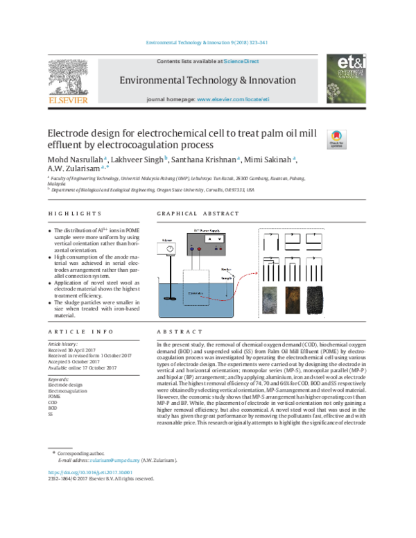 (PDF) Electrode design for electrochemical cell to treat palm oil mill effluent by ...