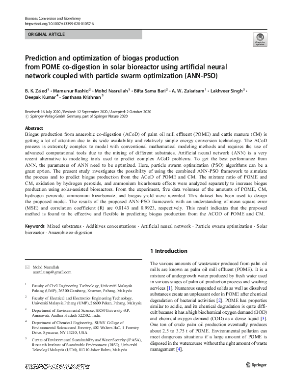 Pdf Prediction And Optimization Of Biogas Production From Pome Co Digestion In Solar
