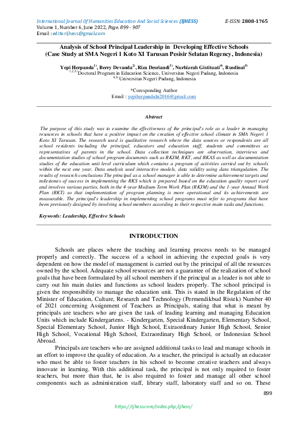(PDF) Analysis of School Principal Leadership in Developing Effective Schools (Case Study at SMA ...