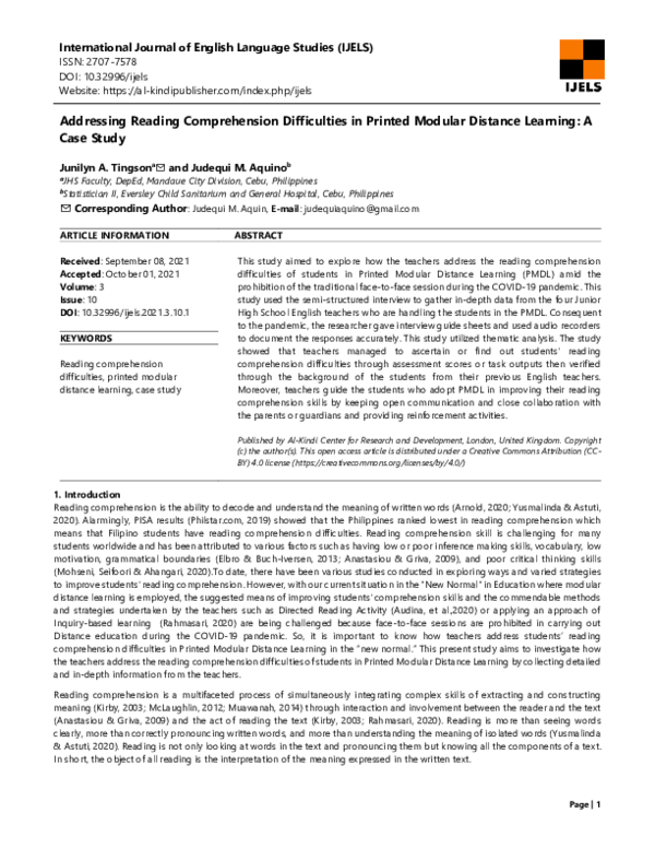 (PDF) Addressing Reading Comprehension Difficulties in Printed Modular ...
