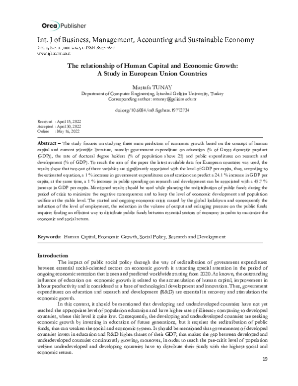 (PDF) The relationship of Human Capital and Economic Growth: A Study in ...