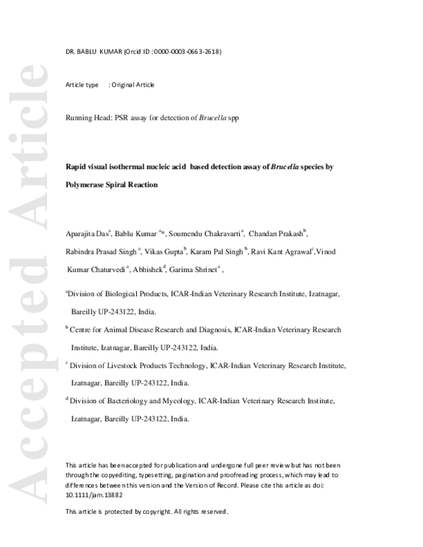 Pdf Rapid Visual Isothermal Nucleic Acid Based Detection Assay Ofbrucellaspecies By Polymerase