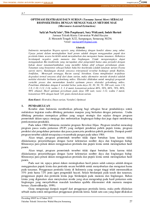 (PDF) OPTIMASI EKSTRAKSI DAUN SURIAN (Toonana Sureni Merr) SEBAGAI ...