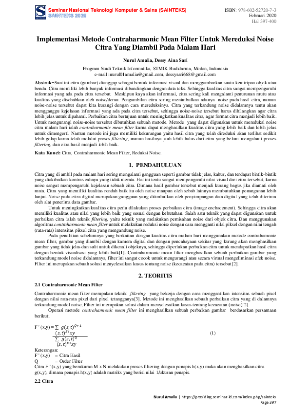 (PDF) Implementasi Metode Contraharmonic Mean Filter Untuk Mereduksi Noise Citra Yang Diambil ...