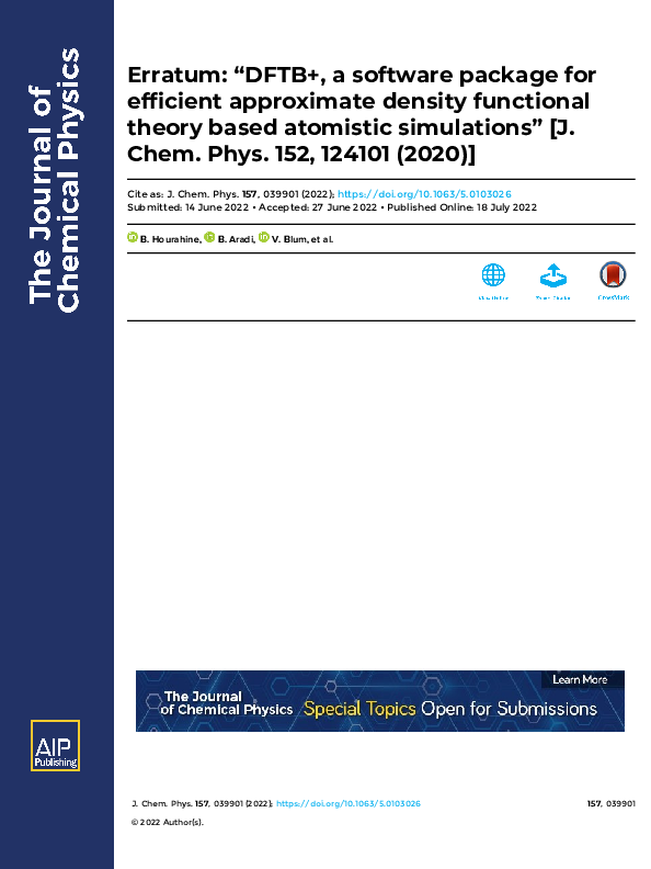 (PDF) Erratum: “DFTB+, a software package for efficient approximate ...