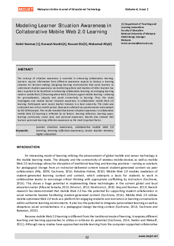 (PDF) Modeling Learner Situation Awareness in Collaborative Mobile Web 2.0 Learning