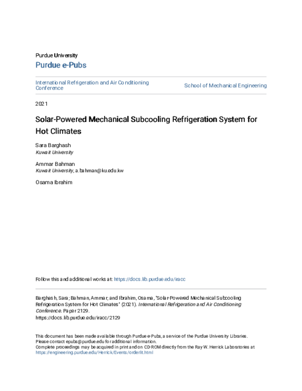 (PDF) Solar-Powered Mechanical Subcooling Refrigeration System for Hot ...