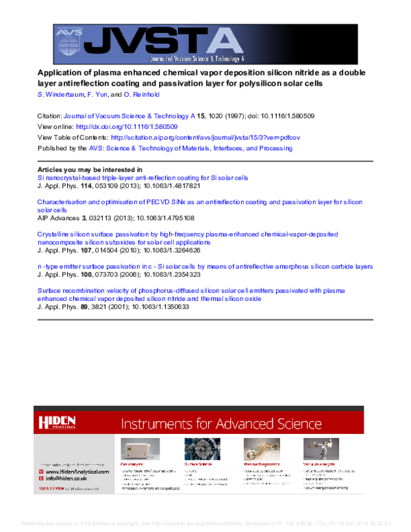 (PDF) Application of plasma enhanced chemical vapor deposition silicon ...