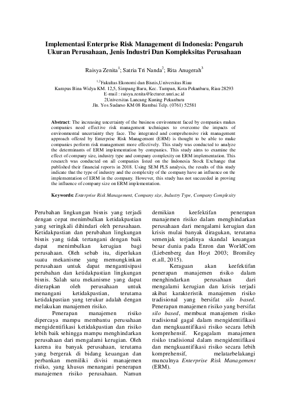 (PDF) Implementasi Enterprise Risk Management DI Indonesia: Pengaruh Ukuran Perusahaan, Jenis ...
