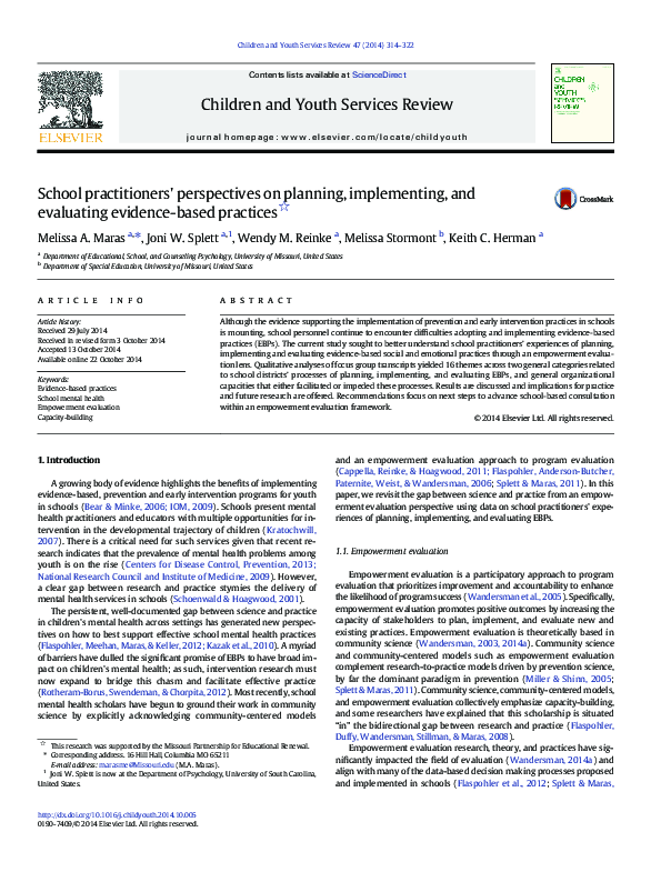 (PDF) School practitioners' perspectives on planning, implementing, and evaluating evidence ...