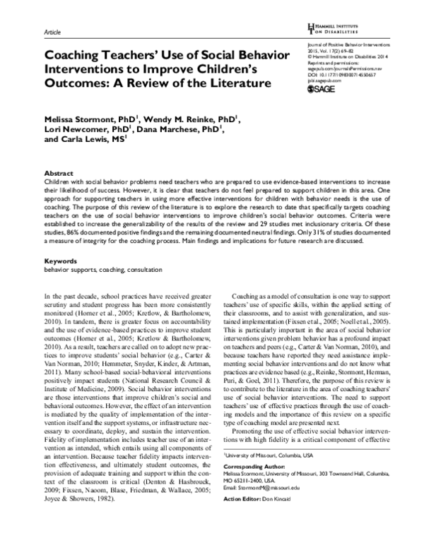 (PDF) Coaching Teachers’ Use of Social Behavior Interventions to ...