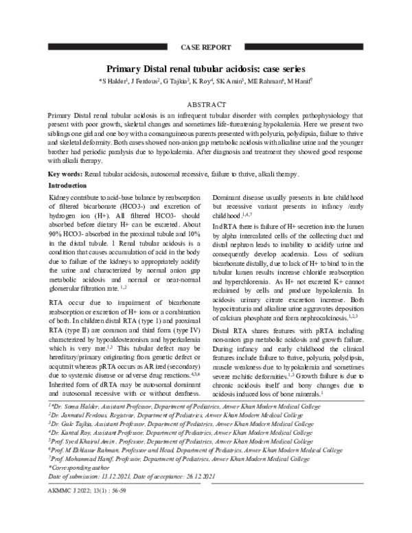 (PDF) Primary Distal renal tubular acidosis: case series