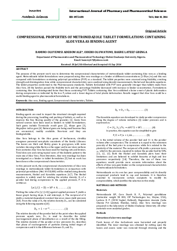 (PDF) Compressional Properties of Metronidazole Tablet Formulations Containing Aloe Vera as ...
