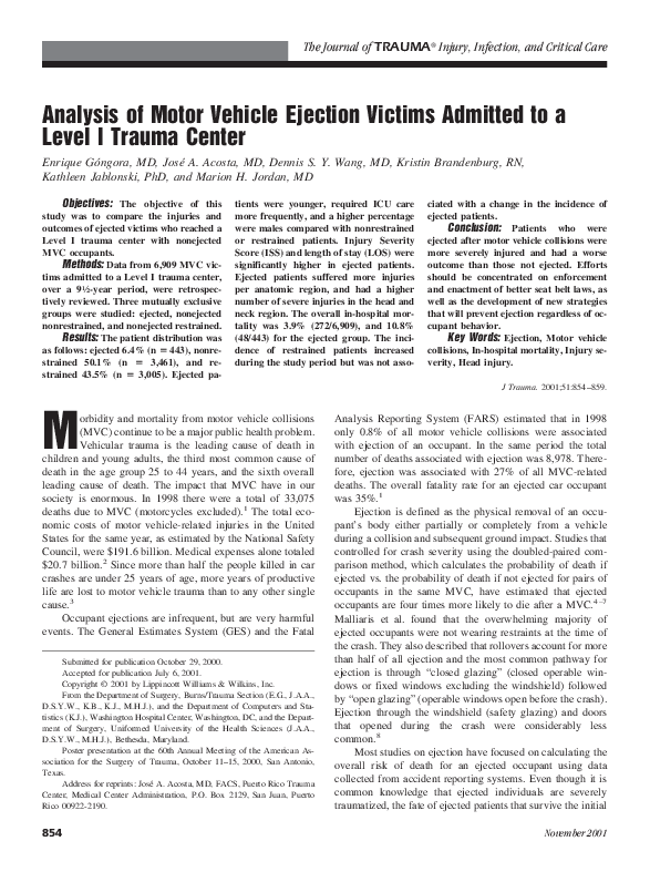 (PDF) Analysis of Motor Vehicle Ejection Victims Admitted to a Level I ...