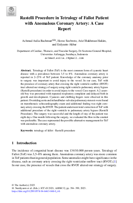 (PDF) Rastelli Procedure in Tetralogy of Fallot Patient with Anomalous ...