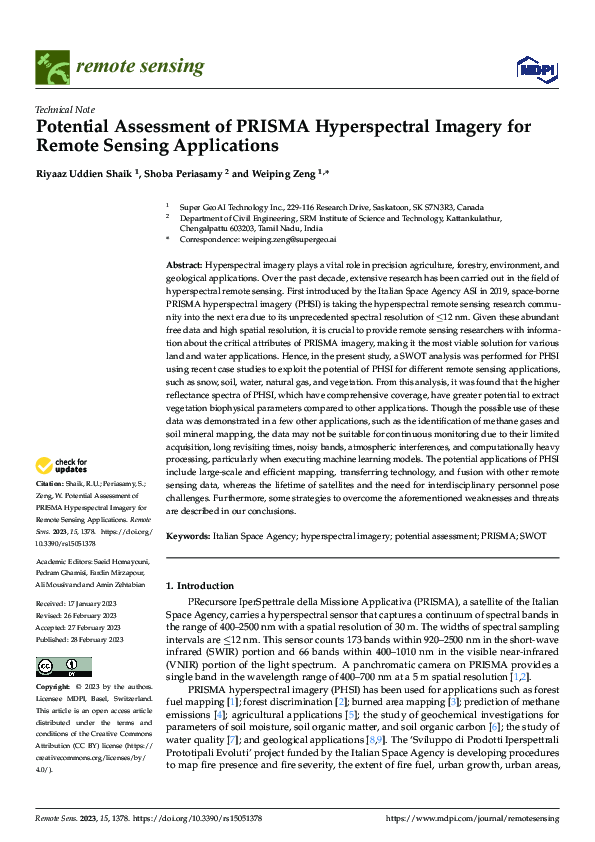 (PDF) Potential Assessment of PRISMA Hyperspectral Imagery for Remote ...