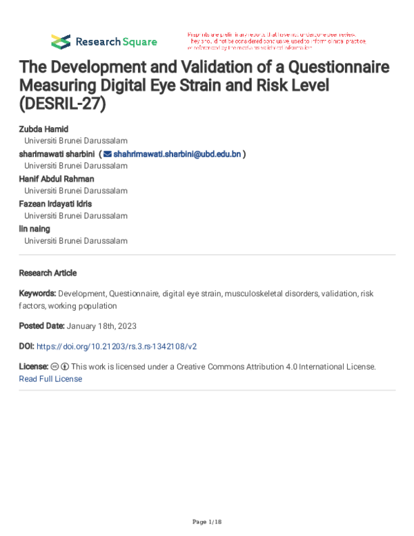 (PDF) The Development and Validation of a Questionnaire Measuring Digital Eye Strain and Risk ...