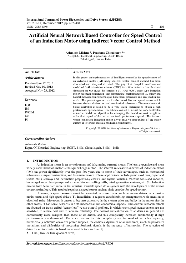 (PDF) Artificial Neural Network Based Controller for Speed Control of An Induction Motor (IM ...