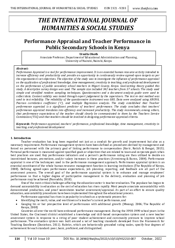 (PDF) Performance Appraisal and Teacher Performance in Public Secondary Schools in Kenya