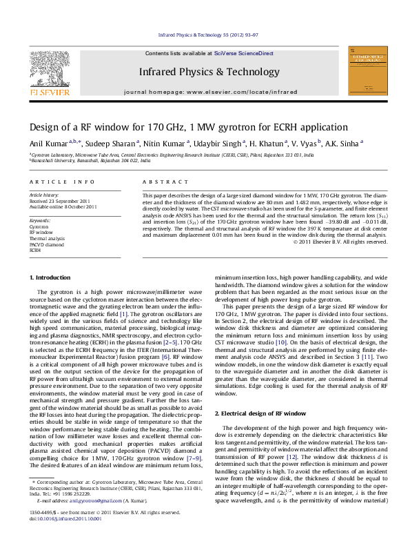 (PDF) Design of a RF window for 170GHz, 1MW gyrotron for ECRH application