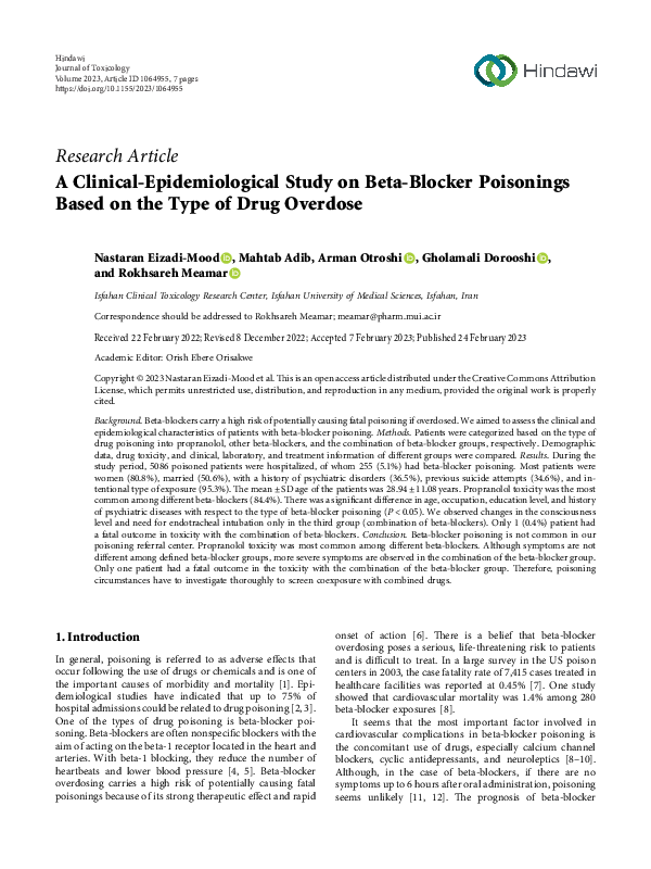 (PDF) A Clinical-Epidemiological Study on Beta-Blocker Poisonings Based ...