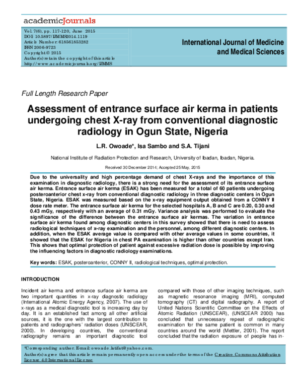 (PDF) Assessment of entrance surface air kerma in patients undergoing chest X-ray from ...
