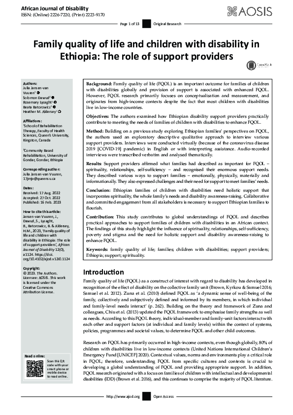 (PDF) Family quality of life and children with disability in Ethiopia ...