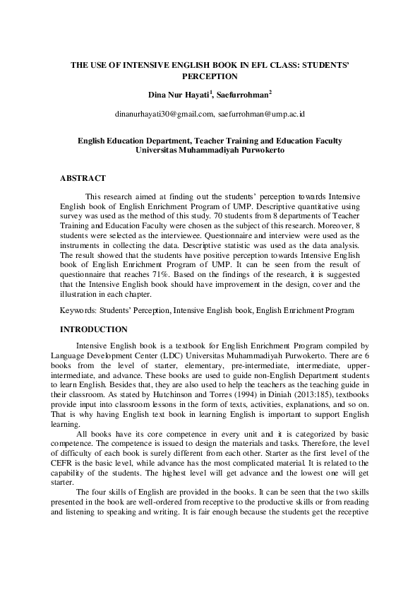 (PDF) THE USE OF INTENSIVE ENGLISH BOOK IN EFL CLASS: STUDENTS' PERCEPTION