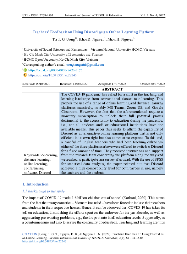 (PDF) Teachers’ Feedback on Using Discord as an Online Learning Platform