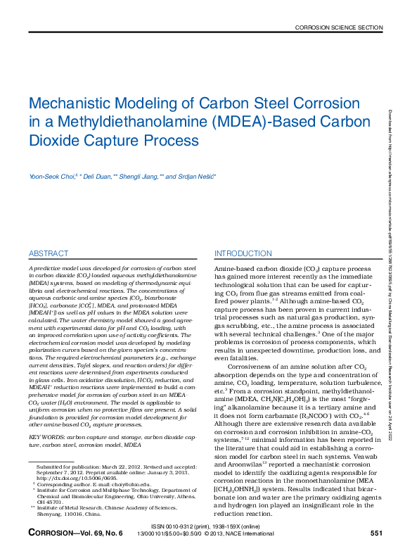 (PDF) Mechanistic Modeling of Carbon Steel Corrosion in a ...