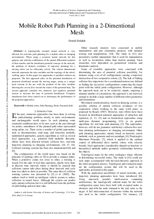 (PDF) Mobile Robot Path Planning In A 2-Dimentional Mesh