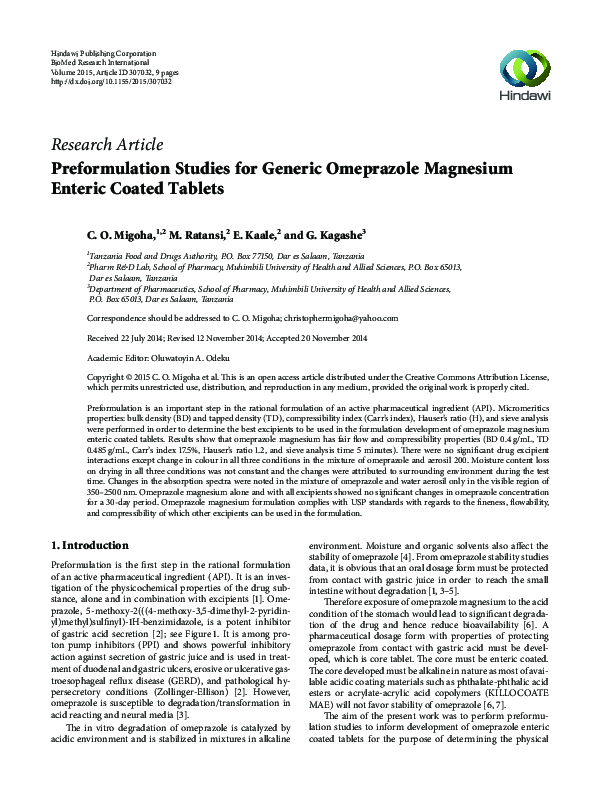 (PDF) Preformulation Studies for Generic Omeprazole Magnesium Enteric ...