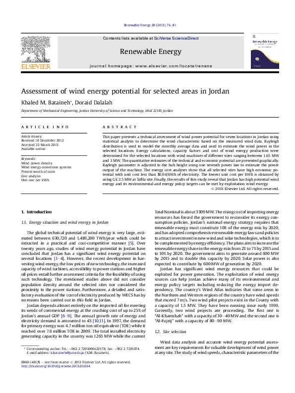 (PDF) Assessment of wind energy potential for selected areas in Jordan