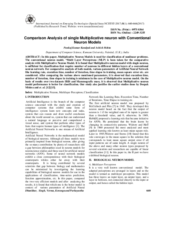 (PDF) Comparison Analysis of single Multiplicative neuron with Conventional Neuron Models