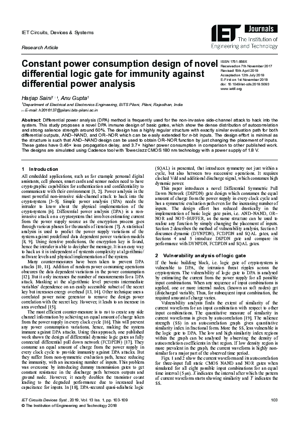 (PDF) Constant power consumption design of novel differential logic gate for immunity against ...